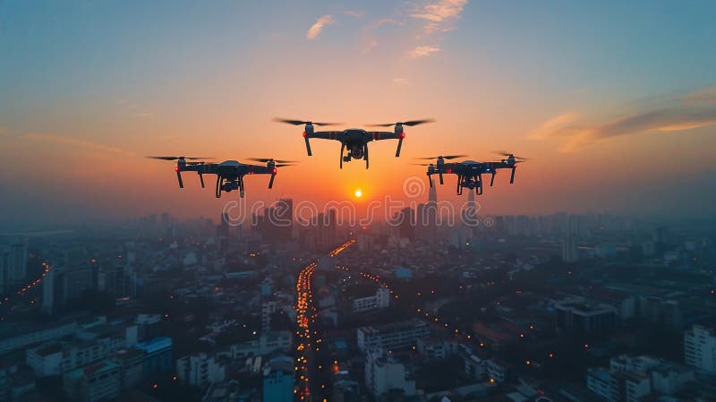Quadcopter Drones Over City at Dawn, Orange Skyline. Smart Cities ...