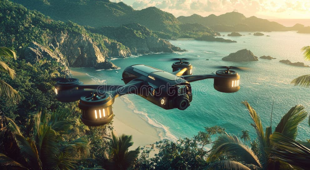 A Quadcopter Flying in the Air, Close-up of a Quadcopter in Flight, a ...