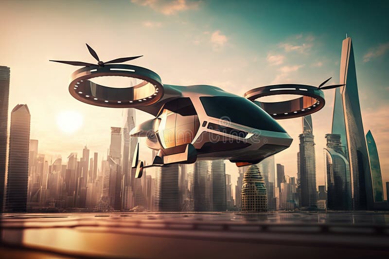 Quadcopter Flying Over Modern City. Generative AI Stock Illustration ...