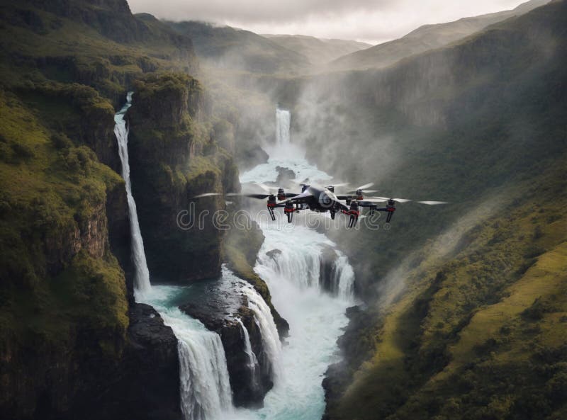 A Quadcopter Flying Over a Stormy River with Waterfalls and Rapids in a ...