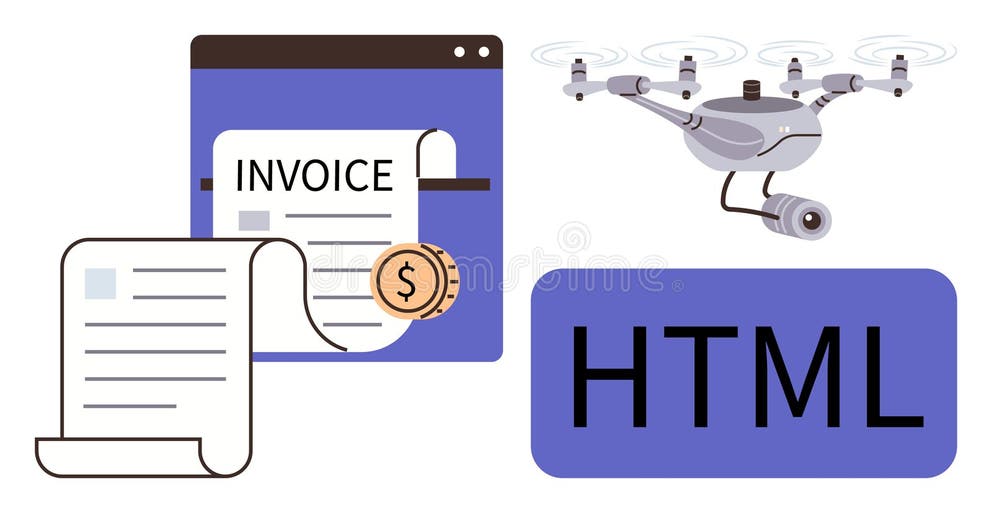 Quadcopter Technology, Digital Invoicing Automation, and HTML Web Development Concepts Stock ...