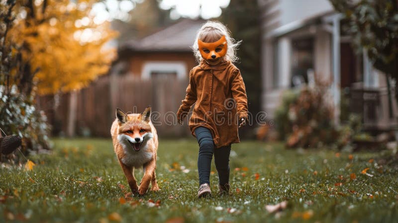 Quadrobic Girl in Fox Mask Walking Fox in Yard Stock Photo - Image of ...