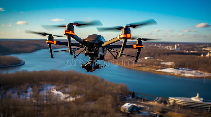 Quadrocopter in Flight, Close-up of Quadrocopter in the Air, Drone in ...