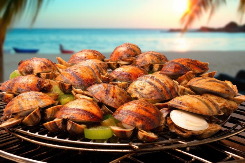 Quahogs on Grill with Beautiful Beach Background Stock Illustration ...