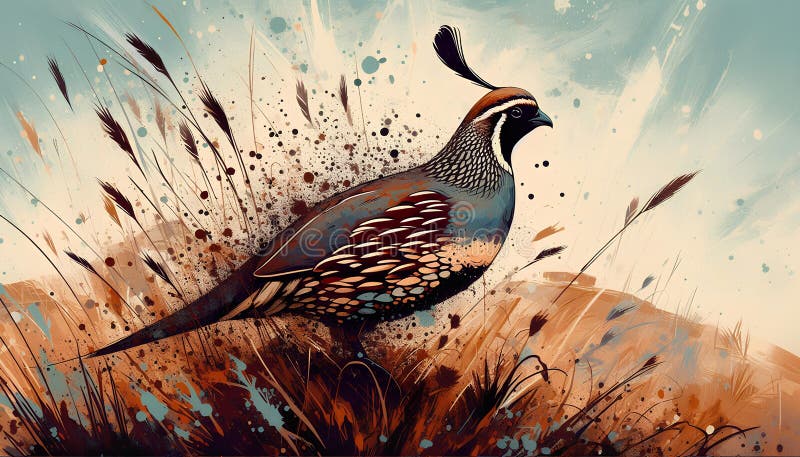 Quail Artwork Depicts the Bird in a Dynamic Pose, Surrounde Stock ...