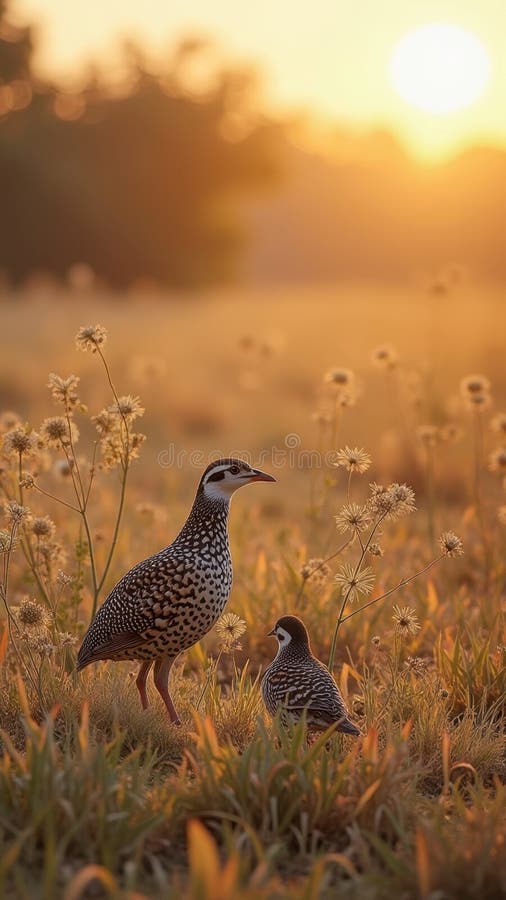 Quail Birds in Golden Sunset Field with Wildflowers and Soft Light ...