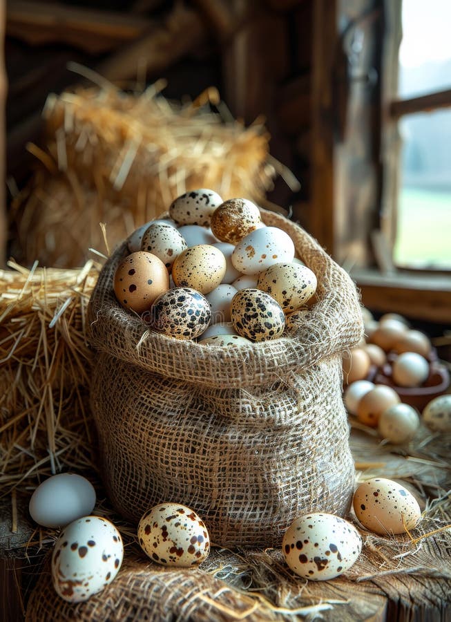 Quail Eggs in Burlap Sack in Barn. a Burlap Sack Filled with Quail Eggs ...