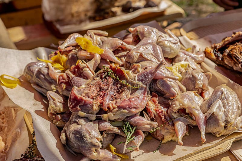Quail Many Carcasses Pickle Preparation for a Barbecue Party Stock ...