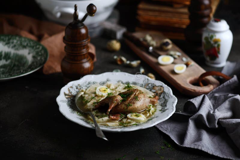 Quail Soup with Homemade Noodles.style Rustic Stock Photo - Image of ...