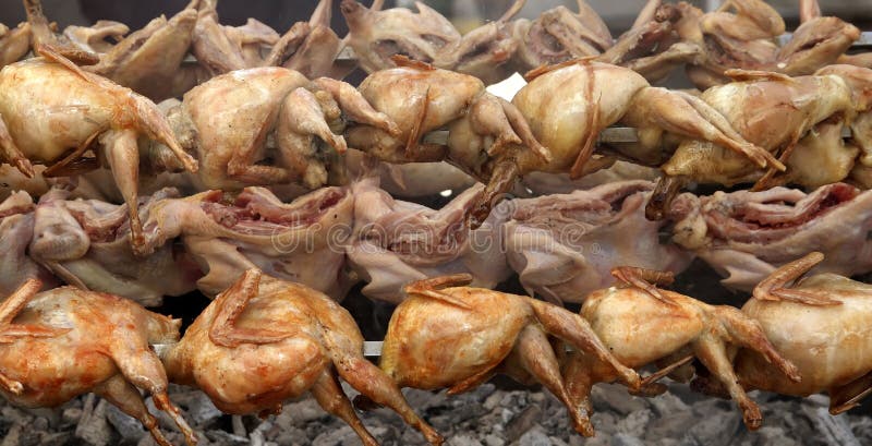 Quail Strung on a Skewer and Grilled in Barbecue Stock Photo - Image of ...