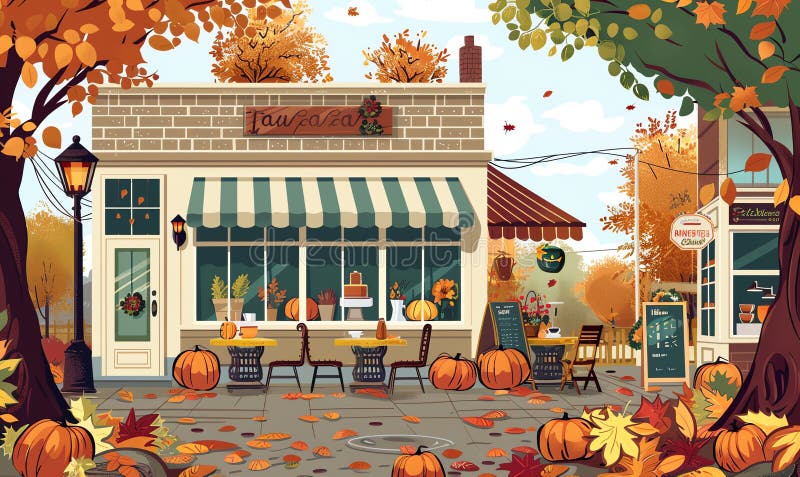 Quaint Cafe Exterior Adorned with Pumpkins and Autumn Foliage Stock ...