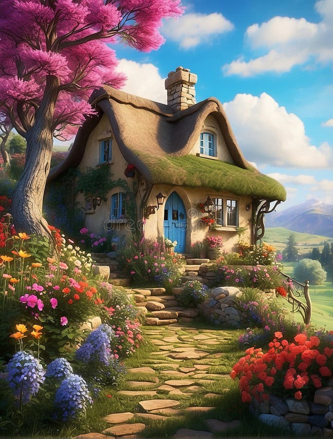 A quaint fairytale cottage stock illustration. Illustration of mountain ...