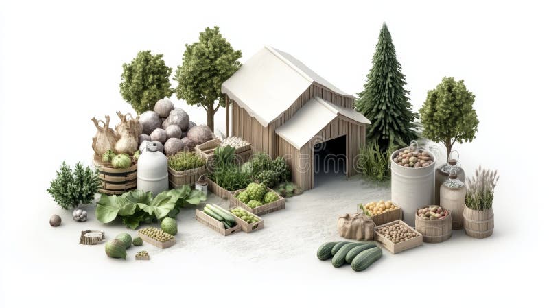 A Quaint Farm Scene Featuring Fresh Vegetables, Trees, and a Rustic ...