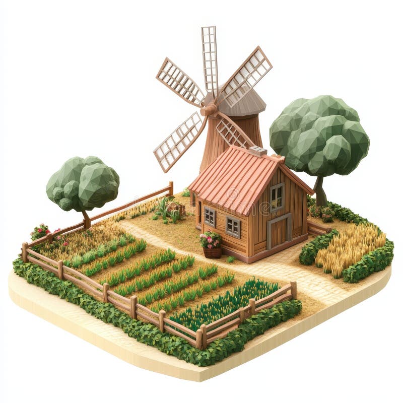 A Quaint Farm Scene Featuring a Windmill, House, Trees, and Cultivated ...