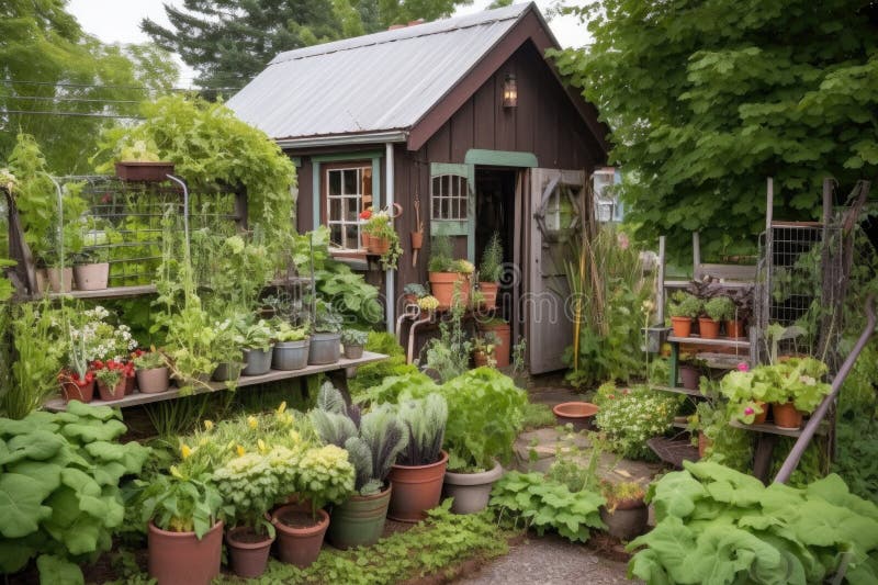 A Quaint Garden Shed Surrounded by a Thriving Vegetable Patch Stock ...