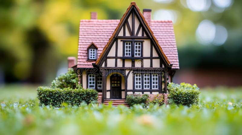 Quaint Miniature Tudor House Model on Green Grass Stock Illustration ...