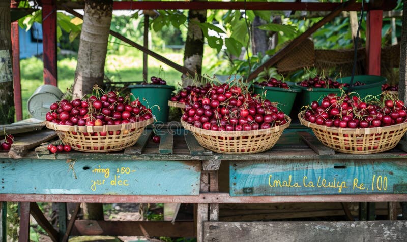 A Quaint Roadside Stand Selling Baskets of Ripe Cherries Stock Image ...