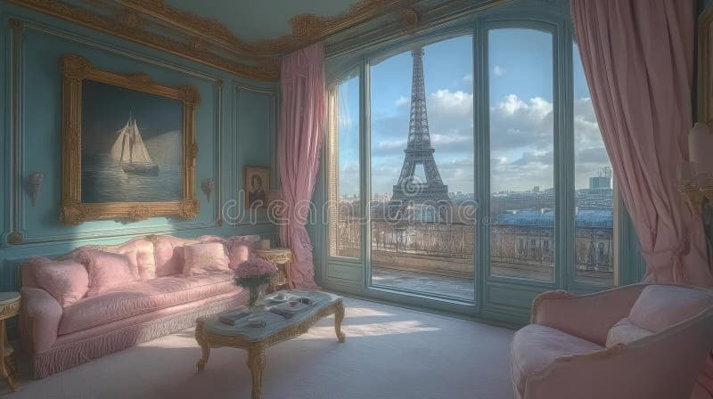 A Quaint Room Overlooking the Eiffel Tower Stock Illustration ...