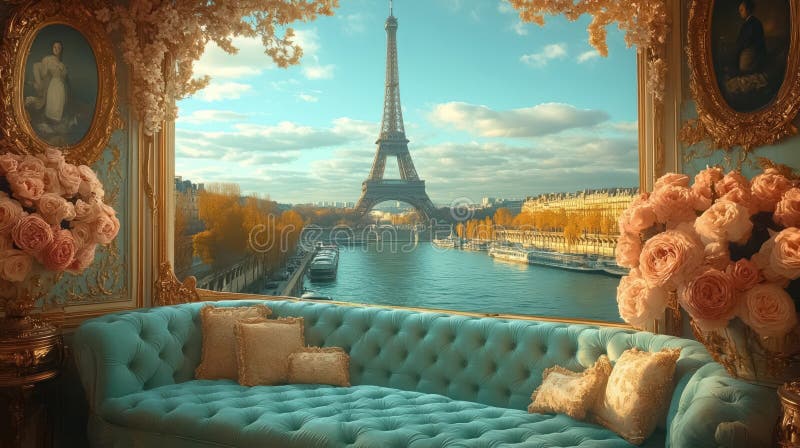 A Quaint Room Overlooking the Eiffel Tower Stock Illustration ...