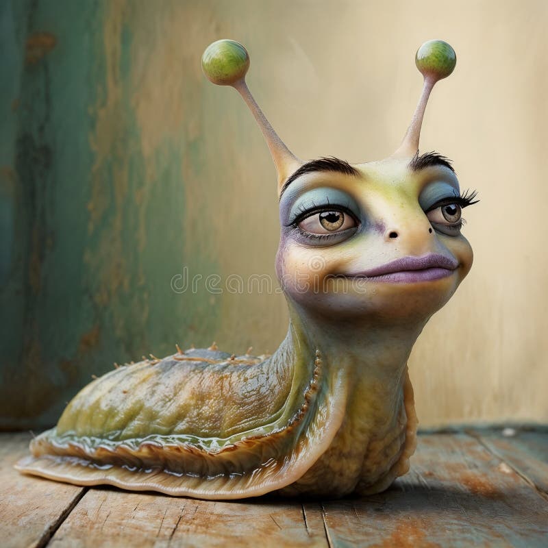 Whimsical Snail Character with a Playful Expression in a Rustic Setting ...