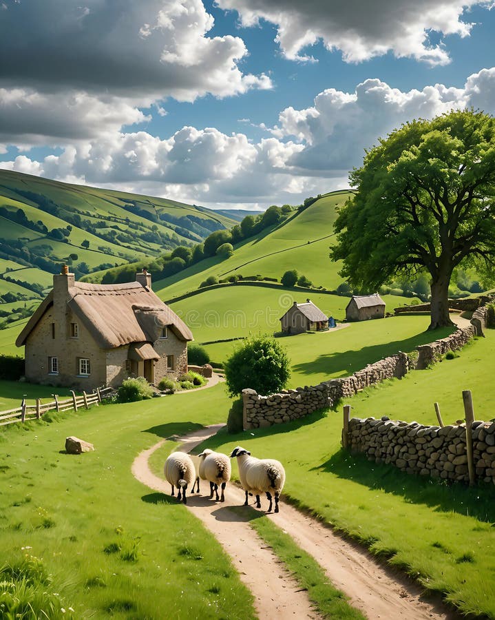 A Quaint Stone Cottage Nestled in Rolling Green Hills. Stock Image - Image of agriculture, rural ...