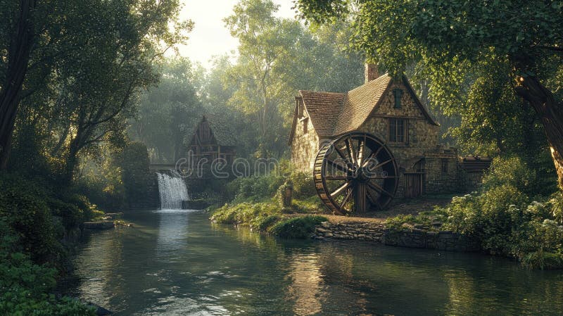 A Quaint Stone Cottage with a Water Wheel Sits beside a River, with a ...