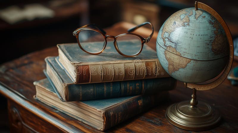 A Quaint Study Table Displays Books, Glasses, and an Antique Globe ...