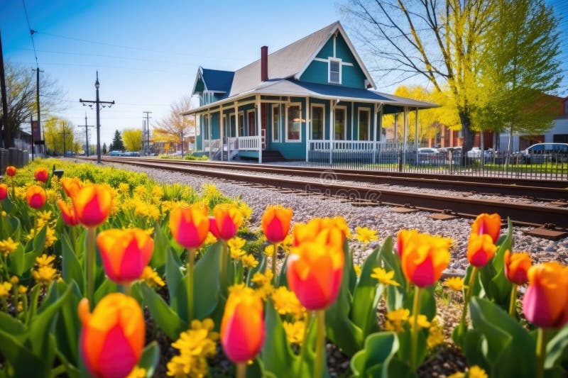 Quaint Train Station Amidst Spring Flowers Stock Photos - Free ...