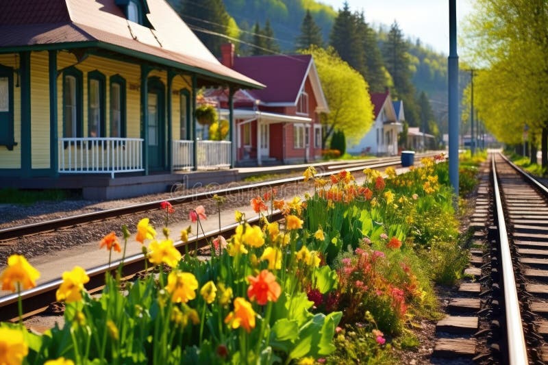 A Quaint Train Station Amidst Spring Flowers Stock Image - Image of ...