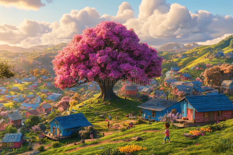A Quaint Village is Beautified by a Blooming Cherry Tree Stock Image ...