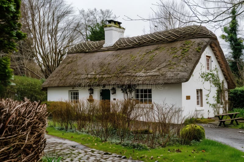 Quaint White Cottage Featuring a Thatched Roof, Surrounded by Lush ...
