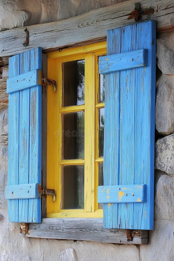 A Quaint Wooden Window with Blue Shutters and an Orange Border. Stock ...