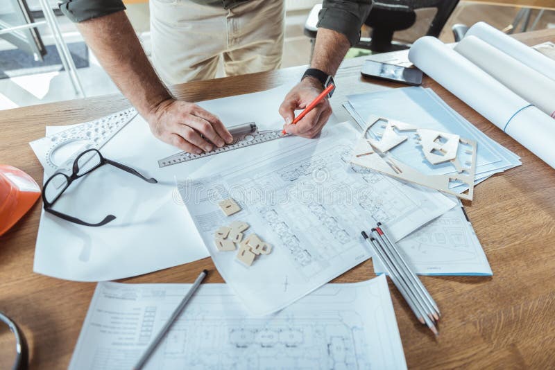 Qualified Architect is Laboring on His Building Plan Stock Image ...