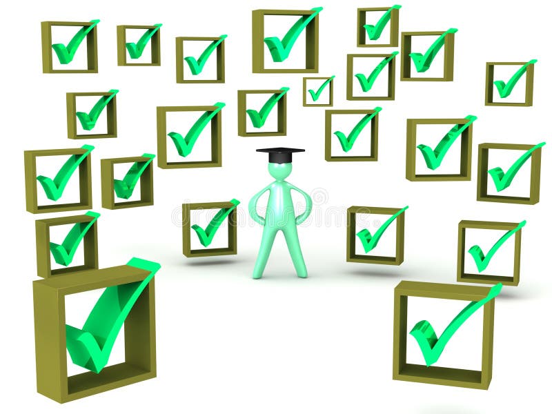 Qualified Graduate Cartoon Man Surrounded by Check Marks Stock ...