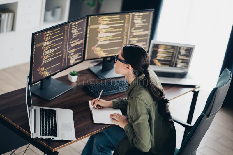 Qualified Specialist Working on a Multi-monitor Setup Coding and Managing Software Tasks in a ...