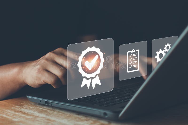 Quality Assurance Concept. a Business Person Touching Certificate Icon ...