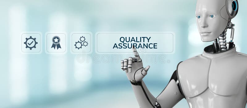 Quality Assurance Control Standard Concept. Robot Pressing Button on ...
