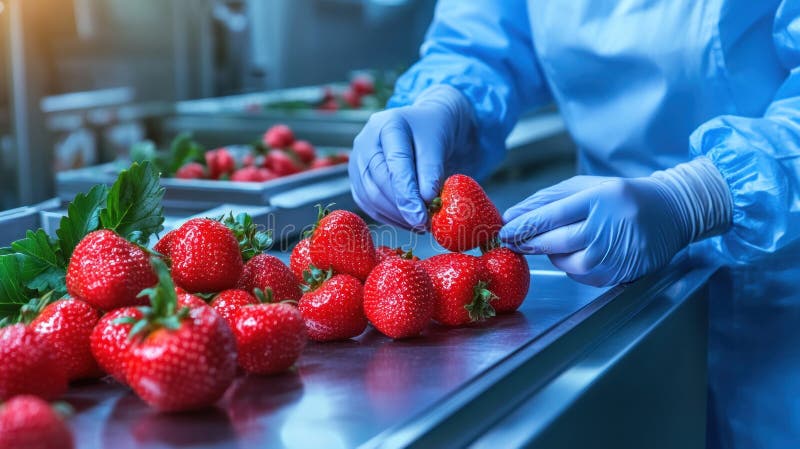 Quality Check on Fresh Strawberries in Food Processing Facility Stock ...
