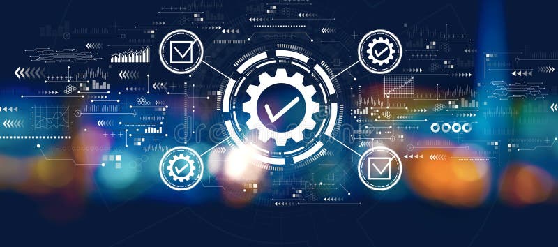 Quality Control Approval with Blurred City at Night Stock Photo - Image ...