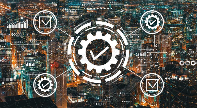 Quality Control Approval with Downtown Chicago Skyscrapers Stock Photo ...