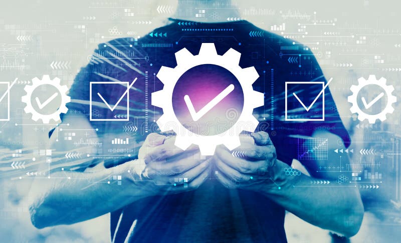 Quality Control Approval with Man Holding Smartphone Stock Photo ...