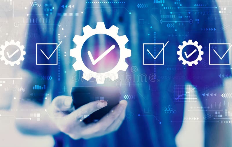 Quality Control Approval with Man Using a Smartphone Stock Image ...