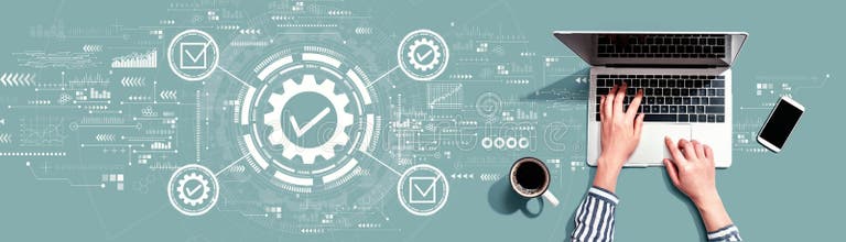 Quality Control Approval with Person Using Laptop Stock Illustration ...