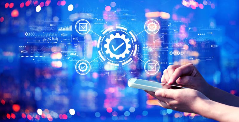 Quality Control Approval with Person Using a Smartphone at Night Stock ...