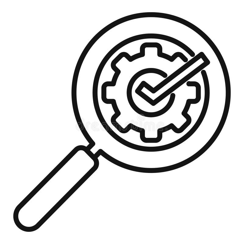 Black and White Illustration of a Magnifying Glass Inspecting a Gear ...