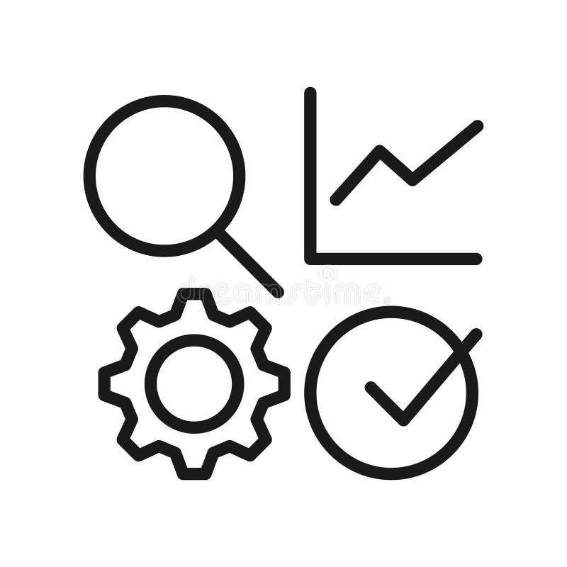 Quality Control Process Icon with Magnifying Glass, Graph, Gear, Tick ...