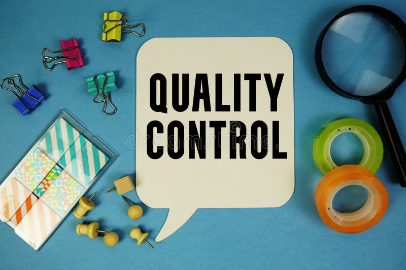 Quality Control Text with Magnifying Glass on Blue Background Stock ...