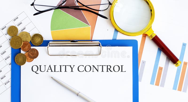 QUALITY CONTROL Text on Paper Sheet with Magnifying Glass on Chart ...