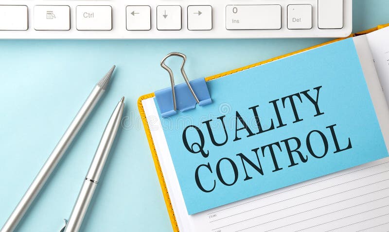 QUALITY CONTROL Text on Sticker on the Blue Background with Pen and ...