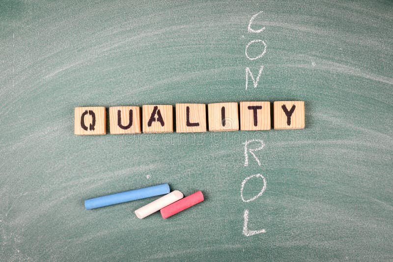 Quality and Control. Wooden Alphabet Letters on a Green Chalk Board ...